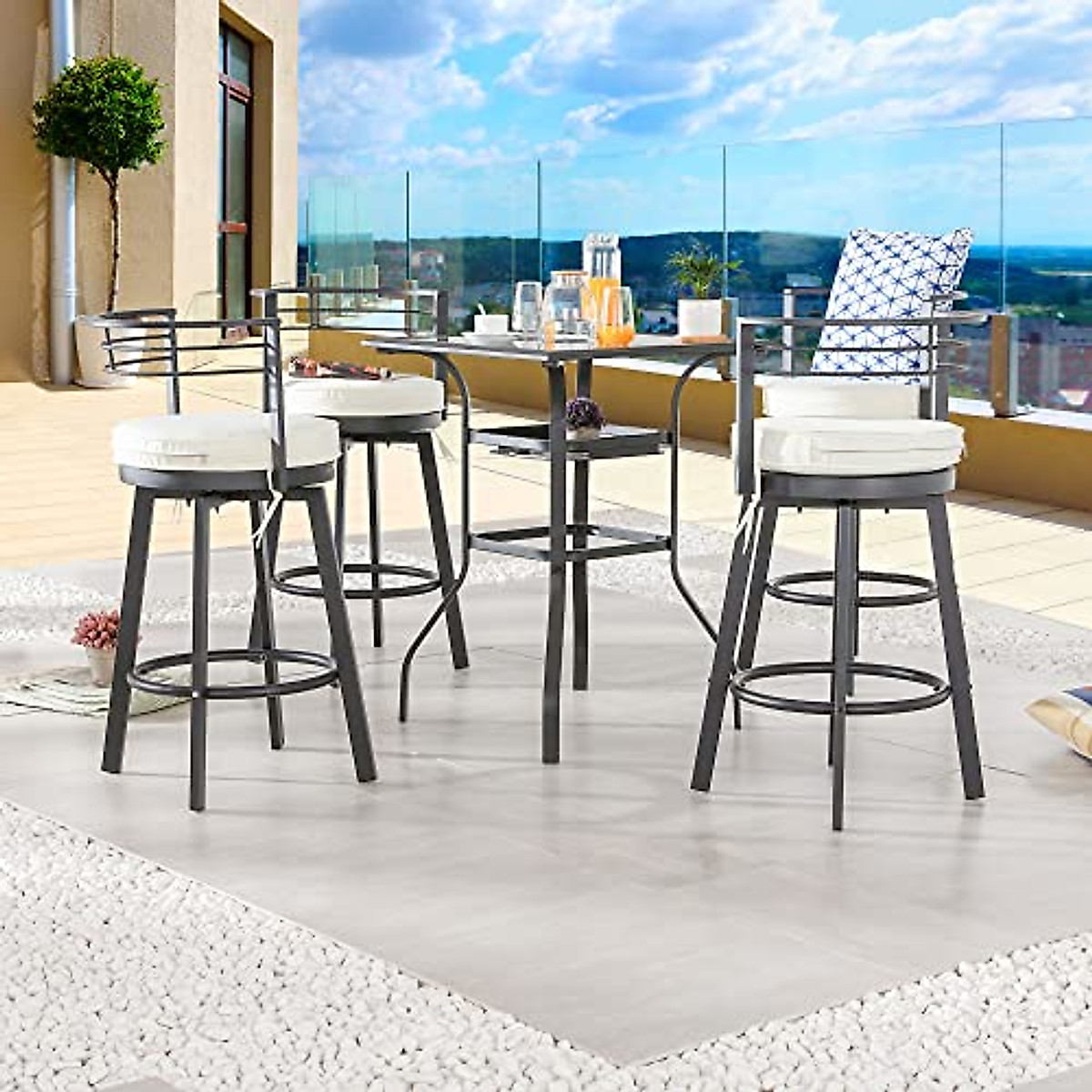LOKATSE HOME 5 Piece Outdoor Dining Set Chairs and Square Bar Table for Backyard, Porch or Garden, Beige