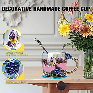 SHEEYEE Glass Coffee Mugs with Spoon, Enamel Butterfly Rose Flower Tea Cups with Decorative Handle Tea Sets for Women Gift 11 oz.(2 Sets)