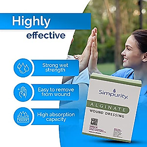 Calcium Alginate Wound Dressing 8" x 8" -Simpurity- Individual Thick Pads Antimicrobial Alginate Dressing Fiber Padding Medical Soft Wound Care for Bed Sore-Pressure Sore-Diabetic Foot, Box of 10