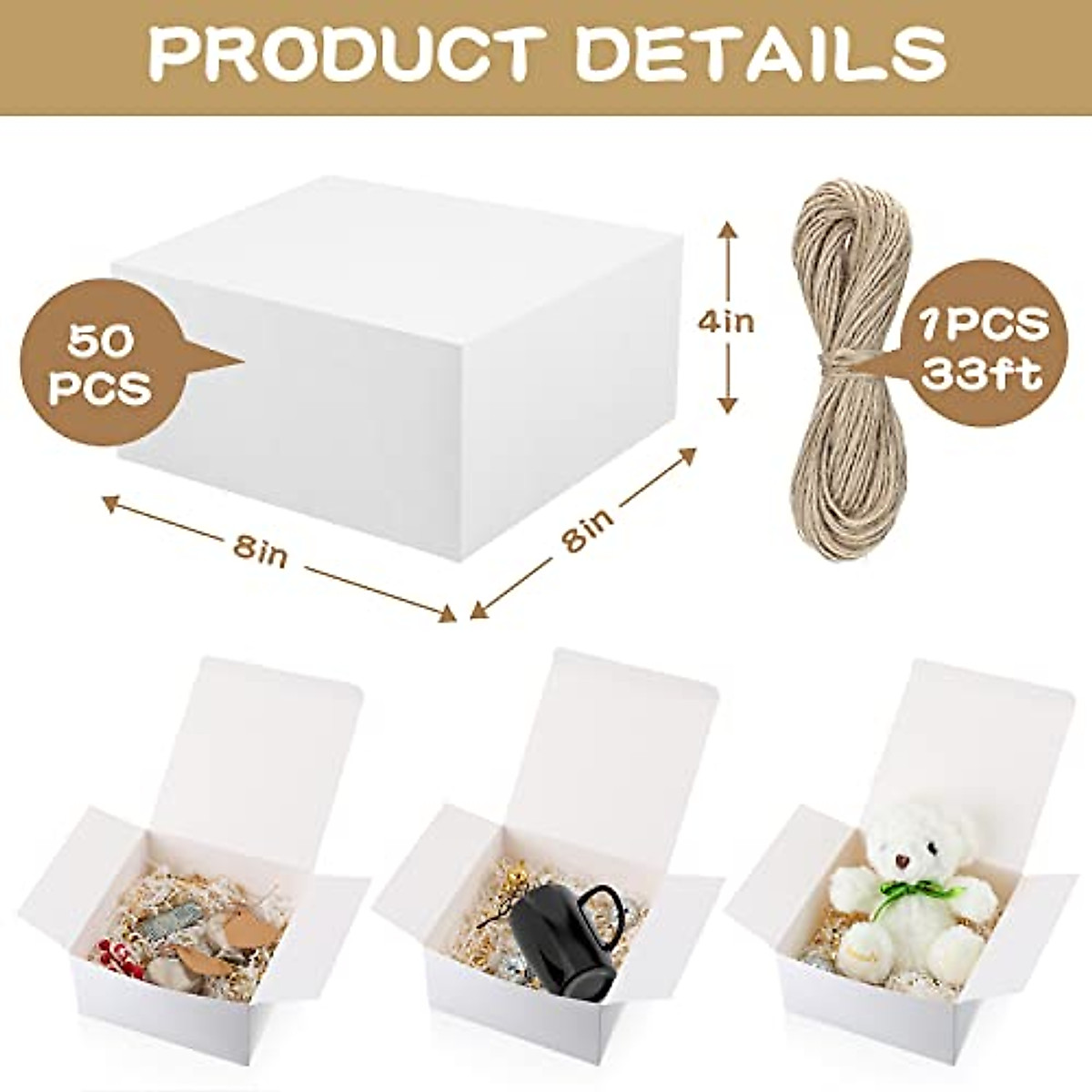 50 Pcs 8 x 8 x 4 Inch Gift Boxes with Lids Bridesmaid Proposal Box Paper Birthday Gift Box with 33 ft Twine for Christmas Bridal Wedding Graduation Party Favor Cupcake Presents Crafting (White)