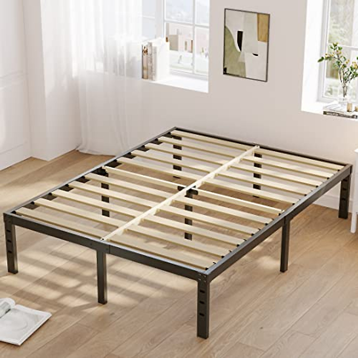 ZIYOO Queen Size Bed Frame, 3" Extra Wide Wood Slats with Better Support for Mattress,14 Inch High, No Box Spring Needed, Noise Free, Easy Assembly