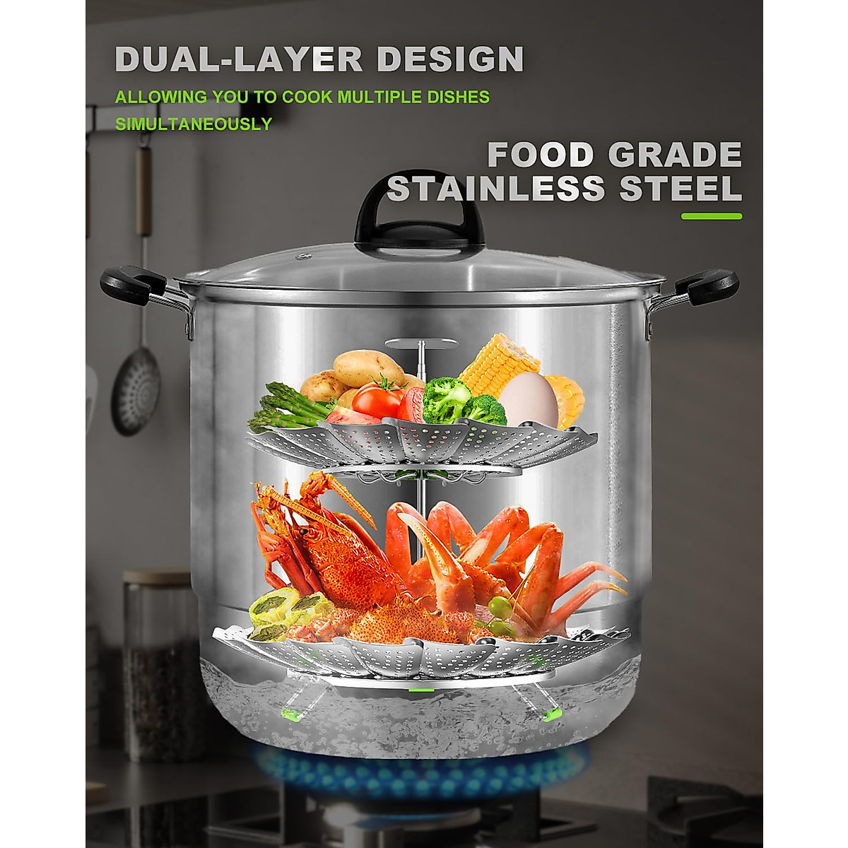 LANVIYA Vegetable Steamer Basket,2 Layer Large Capacity Food Steamer for Cooking,Stainless Steel Folding Expandable Steamers to Fit Various Size Pot,Multi-function Kitchen Basket for Baby Food