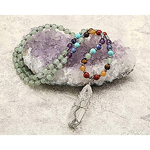 Jovivi Natural Green Aventurine 7 Chakras Healing Crystals Necklace Wire Wrapped Clear Quartz Pendant Healing Pointed Reiki Energy Balancing