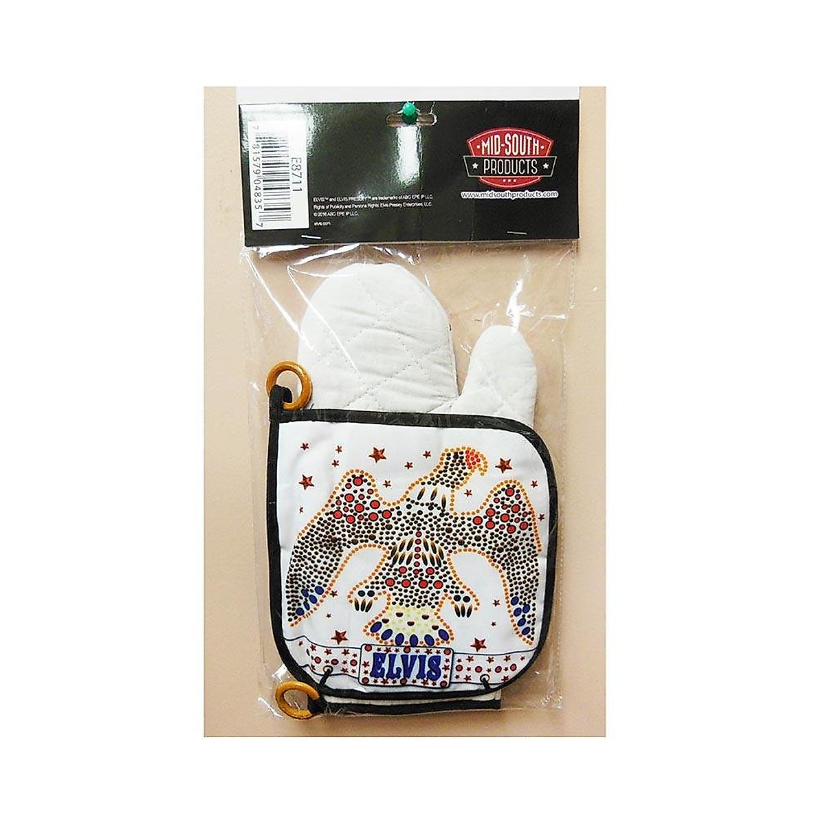 Elvis Pot Holder Oven Mitt Set White Jumpsuit