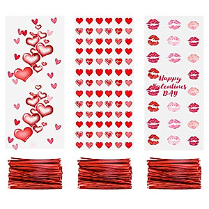 150Pcs Valentine Cellophane Cookie Bags Goodie Candy Treat Bag with Twist Ties for Valentine's Day Party Supplies (3 Styles)