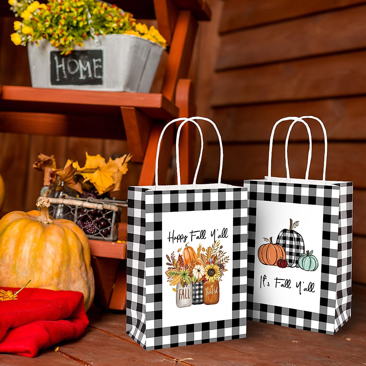 AnyDesign 12Pcs Fall Paper Gift Bags with Handle Autumn Pumpkin Gnomes Truck Goodie Bag Farmhouse Plaid Party Favor Bags for Fall Thanksgiving Birthday Wedding Party Favors, 5.9 x 8.3 x 3.2 Inch