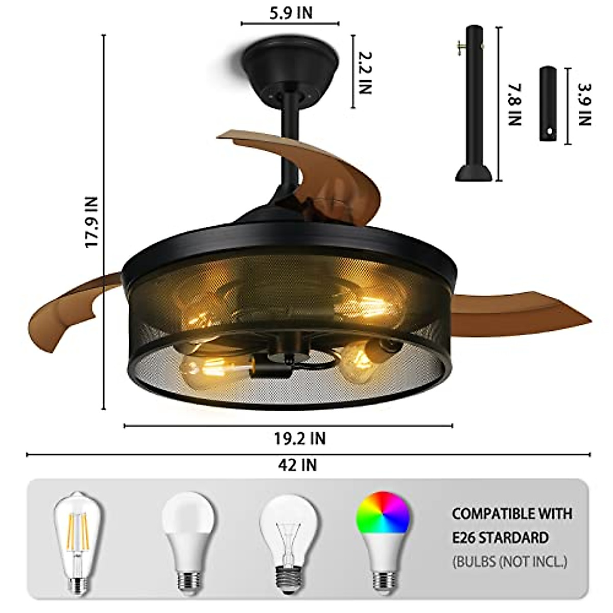 NEWORB 42 Inch Retractable Ceiling Fan with Lights, Reversible 6 Speeds Farmhouse Cage Fans Industrial Hidden Blade Ceiling Fans with Light and Remote, for Living Room, Bedroom, Patio, Black