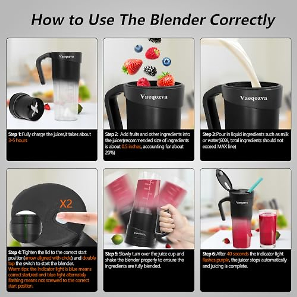 Vaeqozva Portable Blender-Personal Blender USB Rechargeable for Shakes and Smoothies Mini Blender Smoothie Maker on the Go Blender Cup with 6 Blades 16Oz Small Fruit Blender Home Travel Sports Gym