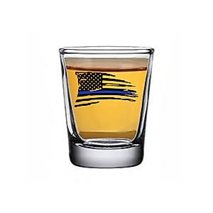 Rogue River Tactical Tattered Distressed Waving Thin Blue Line Flag Shot Glass Gift For Police Officer Law Enforcement