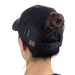 C.C Ponycap Messy High Bun Ponytail Adjustable Glitter Mesh Trucker Baseball Cap, Black