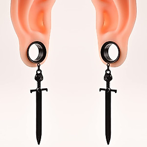 Atomhole 316 Hypoallergenic Stainless Steel Ear Gauges Cool Sword-Pendant Dangle Ear Plugs Tunnels Gauges Ear Stretching A Pair Selling 2g 0g Piercing Body Jewelry (25mm(1"), Black)