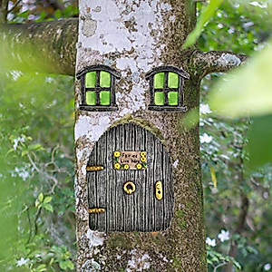 MasGo Fairy Garden Doors and Windows for Trees Miniature Fairy Gnome Home Glow in The Dark Yard Art Sculpture Decoration Miniature Accessories(3 Pack)