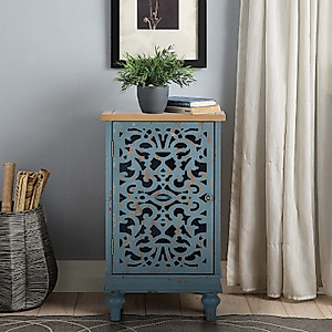 Sophia & William Accent Cabinet Small with Single Door, 31.5" Tall Side End Table, Distressed Nightstand with Wooden Frame and Hollow Carved Door, Blue, 1-Door