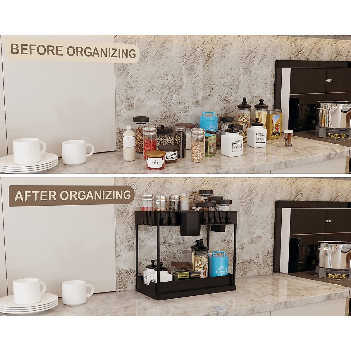 SLAH Pack of 2 Under Sink Organizers and Storage for Bathroom - 2 Tier Undersink Storage with Sliding Drawer and Hanging Hooks - Multi-purpose Organization for Kitchen Sink Organizer Under Cabinet