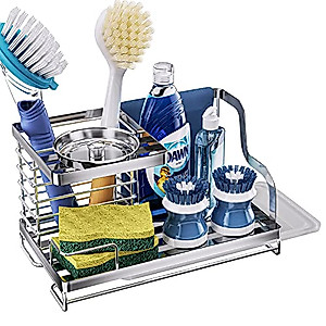 Consumest Kitchen Sponge Holder Sink Caddy, Double-layer Soap Sponge and Brush Holder with Removable Drain Tray, SUS304 Stainless Steel Kitchen Sink Organizer, Silver (8.26 × 4.72 × 5.11 inch)