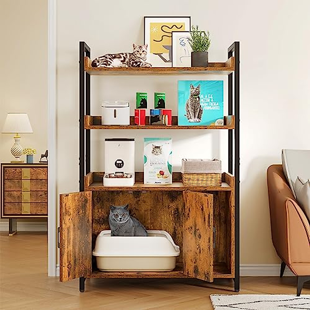 YITAHOME Large Hidden Cat Litter Box Furniture with 3 Shelves and Doors, Wood Litter Box Enclosure, Cat Washroom Storage, Brown