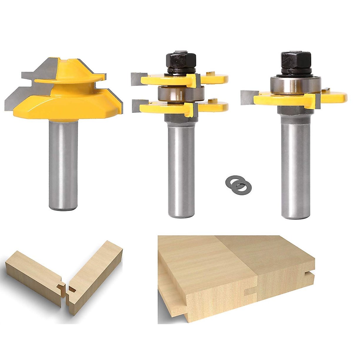 Lock Miter 45 Degree Joint Router Bits + 2Pcs Tongue and Groove Set [1/2-Inch Shank], APLUS 45° Lock Mitre Glue Joint Router Bit + Router Bit Set 3 Teeth T Shape, Wood Milling Cutter Woodworking Tool