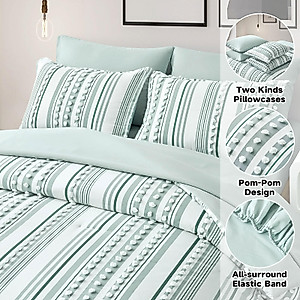 Boho Comforter Set Queen Size Green and White Tufted Ball Striped Design, Shabby Chic Farmhouse Comforter and Sheet Set, 7 Piece Bed in a Bag Pom Pom Complete Bedding Set (90''x90'')