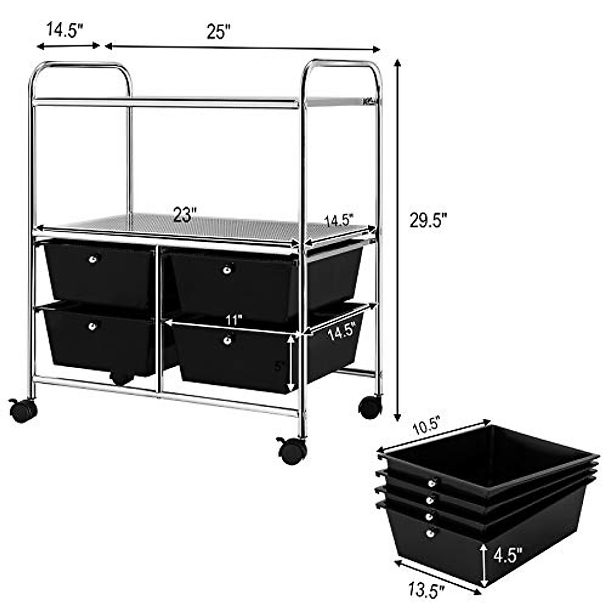 RELAX4LIFE Storage Cart W/Four Drawers, Wheels and Two Shelves, Stable Steel Frame Craft Cart for Office,Home, Make Up Storage and Files Arrangement Storage Cart Organizer (Black)