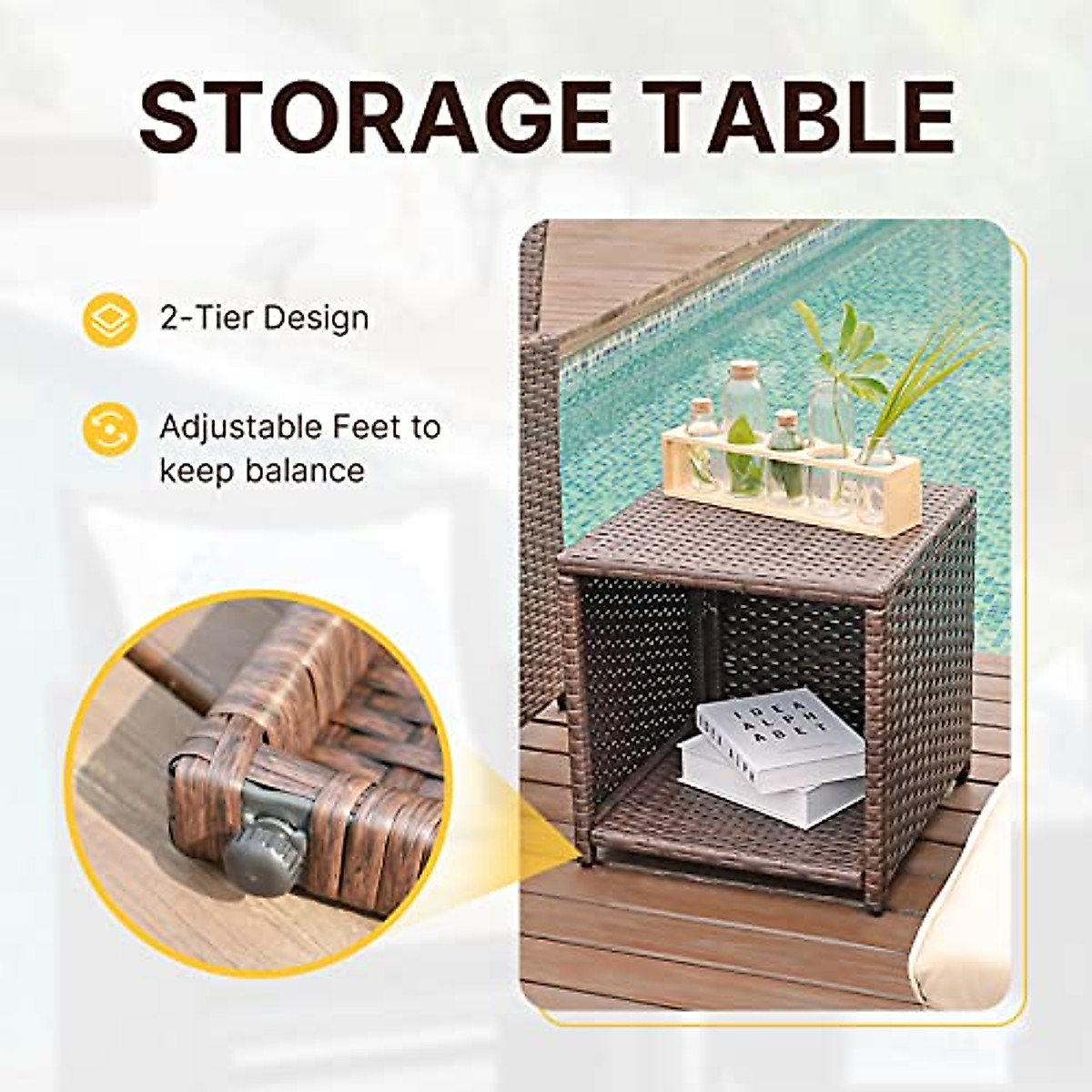 OC Orange-Casual 5 Pcs Patio Conversation Set Balcony Furniture Set with Beige Cushions, Brown Wicker Chair with Ottoman, Storage Table for Backyard, Garden, Porch