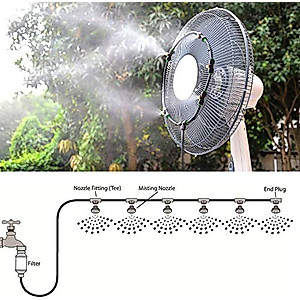 iRuiZhe Outdoor Fan Mist Cooling System Kit for Patio Fan Garden Greenhouse 19.6FT(5.9M) Misting Line & 5 Metal Mist Nozzles + Galvanized Solid Brass Adapter Suitable