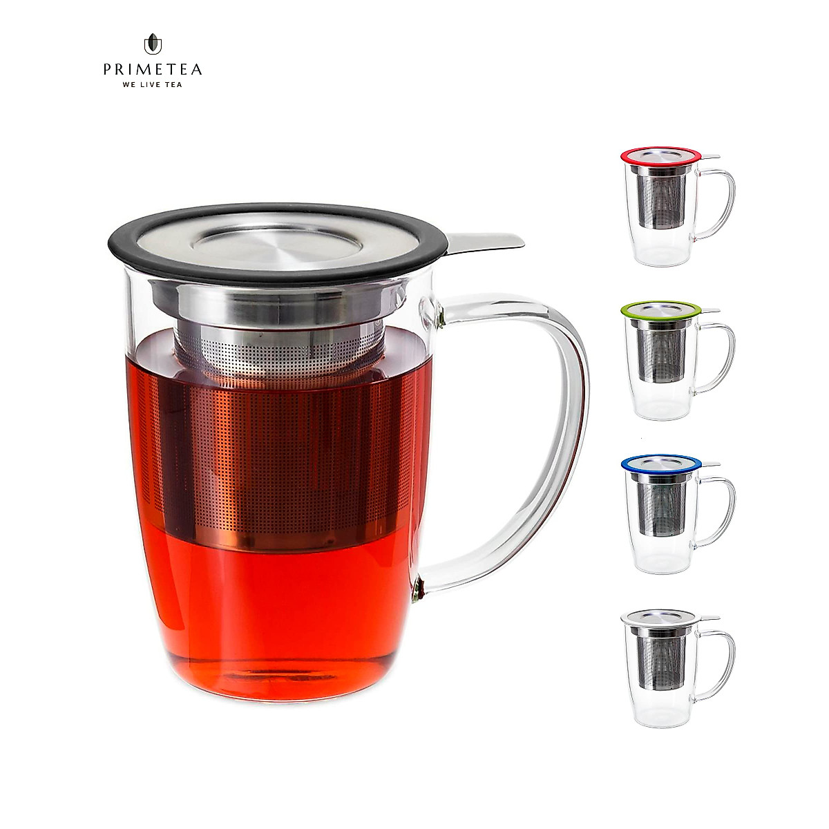Prime Tea - Glass Teacup with Tea Infuser, 16oz / 470 ml, Hand Blown, Single Wall, Heat Resistance Borosilicate Glass Teacups for Blooming Tea & Loose Leaf Tea, Microwave & Dishwasher Safe (Black)