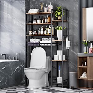 Kalrin Over The Toilet Storage Rack with Extra Side Shelves, 4-Tier Bathroom Over Toilet Storage with Adjustable Shelf&Drain Basket, Freestanding Bathroom Organizer for Balcony, Laundry(Vintage Brown)