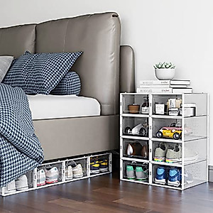 Verybegin 6-Pack Large Shoe Storage Boxes, Shoe Organizer, Clear Plastic Shoe Boxes, Shoe Containers Sneaker Storage, Stackable, Breathable, Space Saving, Easy Assembly, Fit up to US Size5-10(13.1"x9"x5.5"), White