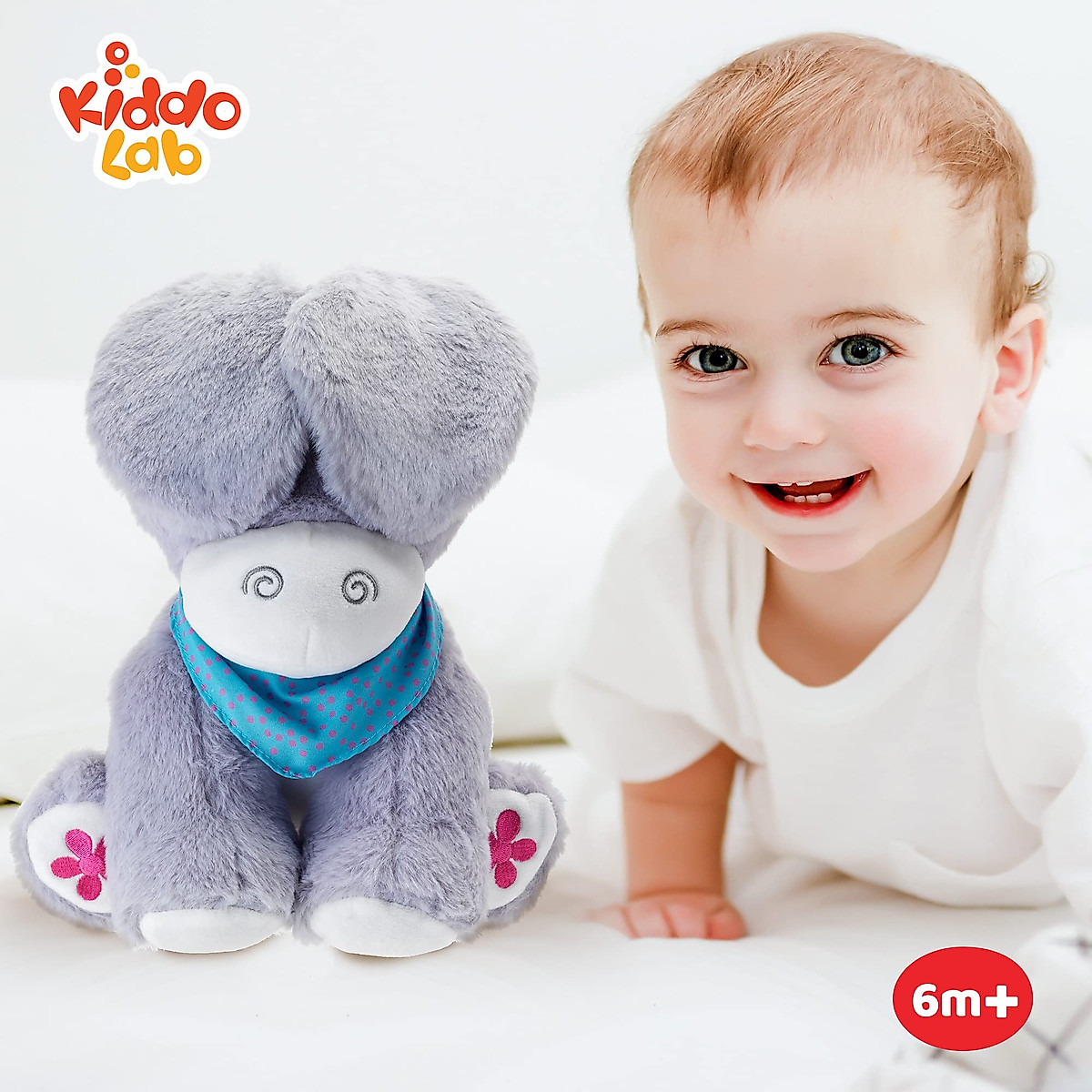 KiddoLab Peek-A-Boo Donkey: Soft Stuffed Animal Toy for Infants 6-18 Months with Moving Ears, Songs, Tunes & Lullabies