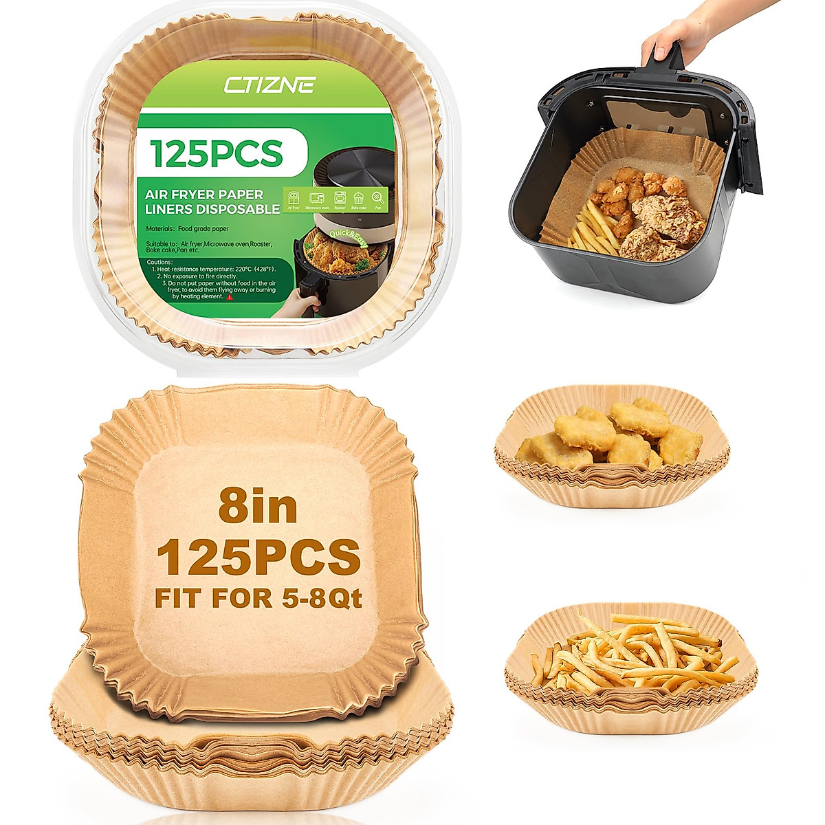 Air Fryer Disposable Paper Liners - 125Pcs 8In Square Parchment Paper Non-Stick Airfryer Basket Liners for Steamer Microwave Oven