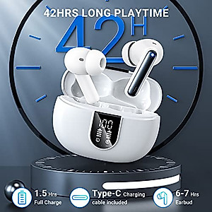 Wireless Earbuds,2023 Wireless Headphones HiFi Stereo Earphones with 4 ENC Noise Canceling Mic, 42Hs Playtime In Ear Earbud, Bluetooth 5.3 Sport Earphones with LED Power Display for Android iOS Silver
