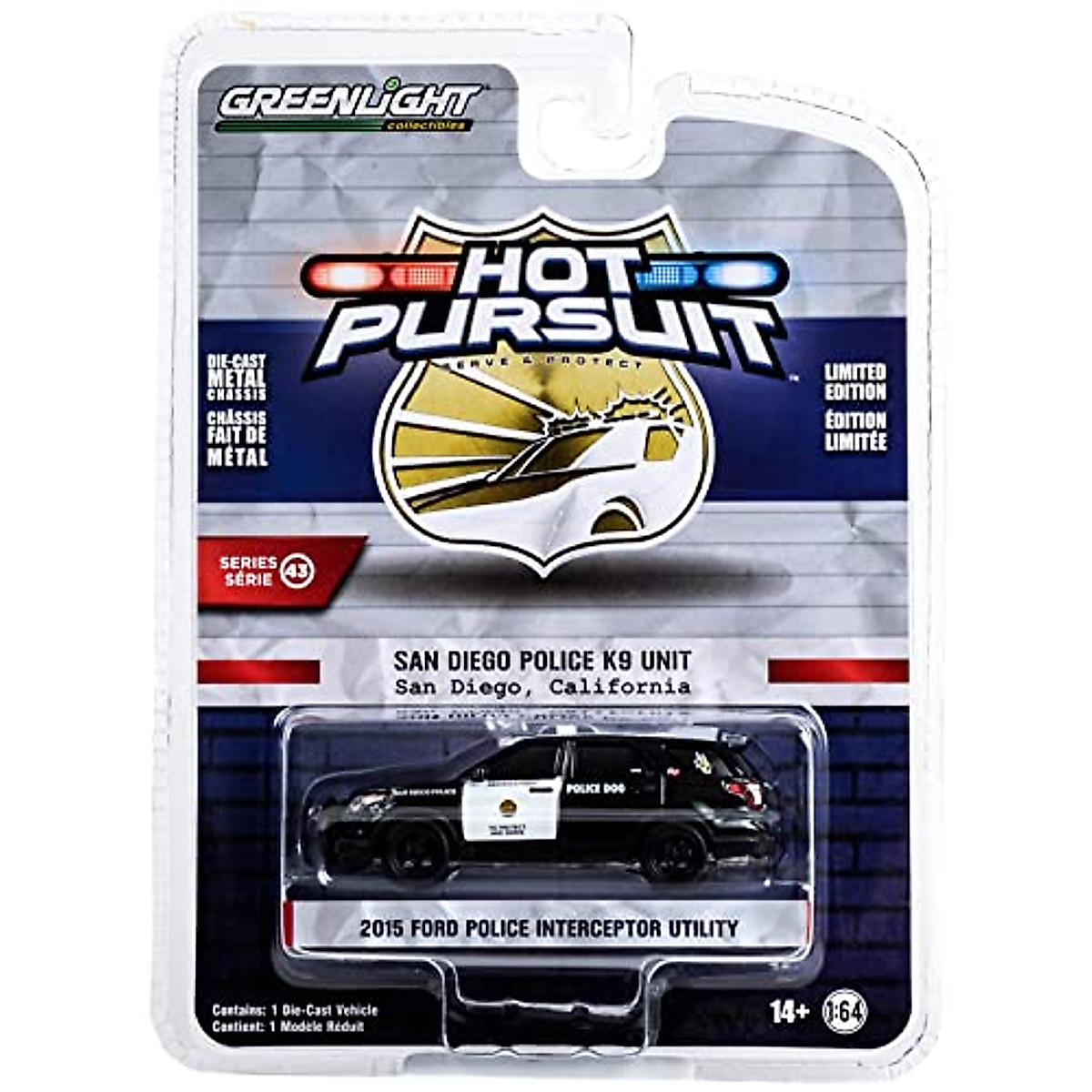 2015 Police Interceptor Utility Black & White San Diego Police K9 Unit, San Diego, CA Hot Pursuit 1/64 Diecast Model Car by Greenlight 43010 E