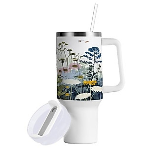 Jihqo Beautiful Wildflowers 40 oz Stainless Steel Vacuum Insulated Tumbler with Handle and Straw Lid Reusable Leakproof Water Bottle Double Wall Travel Mug Coffee Cup, Cupholder Friendly
