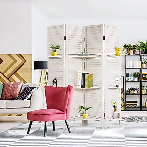 Happygrill 4-Panels Wooden Room Divider with Display Shelf, Folding Privacy Room Dividers Screen for Home Office, 5.6 Ft Tall