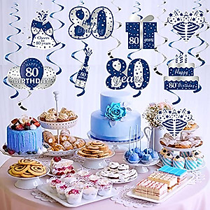 Blue Silver 80th Birthday Hanging Swirls Decorations for Men, 16Pcs Happy 80 Year Old Birthday Foil Swirl Party Supplies, Eighty Birthday Ceiling Hanging Sign Decor