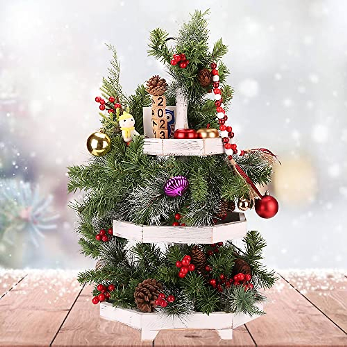 3 Tiered Serving Tray Wooden Farmhouse Decorative Tray, 3 Tier Tray for The Coffee Table, Kitchen Rustic Dinning Tiered Tray, Home Decor Tray, Three Tier Tray Cupcake Stand Display Tray