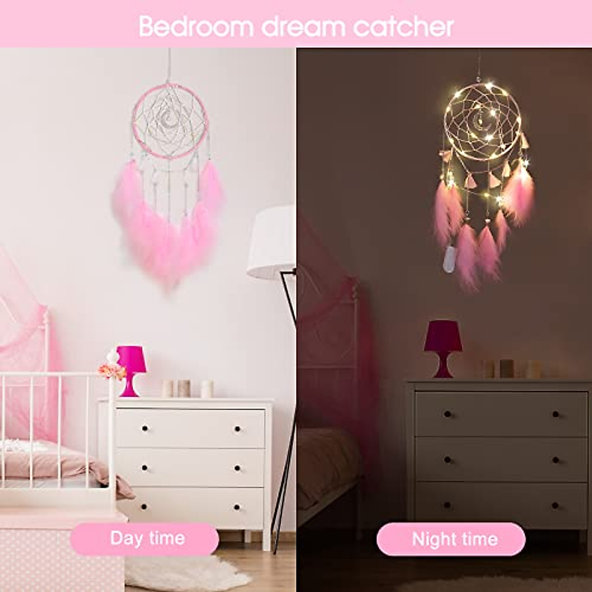 Nice Dream Pink Dream Catchers, Room Nursery Decor for Girls Boys, Handmade Feather Wall Decor with Lights, Home Ornaments Craft Gift for Bedroom