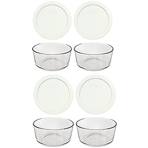 Pyrex (4) 7201 4-Cup Clear Glass Bowls & (4) 7201-PC 4-Cup White Plastic Storage Lids, Made in USA