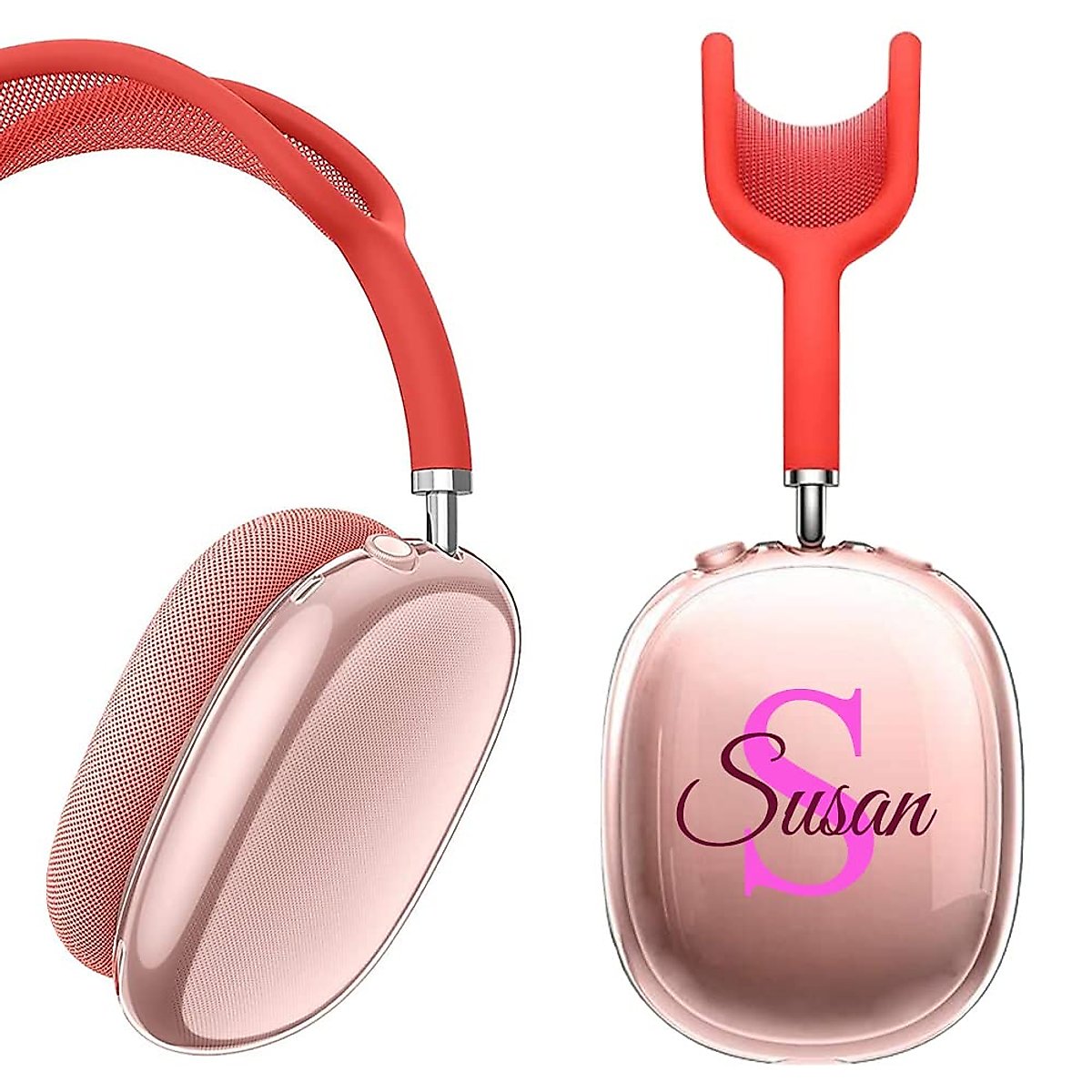 Custom Name & Initial Crystal Clear Case for Apple AirPod Max，Thin Customized Signature Transparent Protective Ear Cup Covers (Clear Pink)