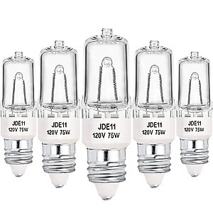 YBEK JDE11 75W 120V Halogen Bulb T4 Mini Candelabra Base Warm White 2800K Dimmable JD E11 Bulbs(Pack of 5)