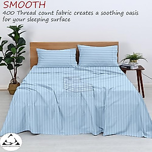 Olympic Queen Cotton Bed Sheets Set-400 Thread Count Cotton Sheets-4 Piece Sheet Set Fits Mattress Upto 12 Inch Deep Pocket Fitted Sheet-66 x 80 Size Sheets-Light Blue Stripe Olympic Queen Size Sheets