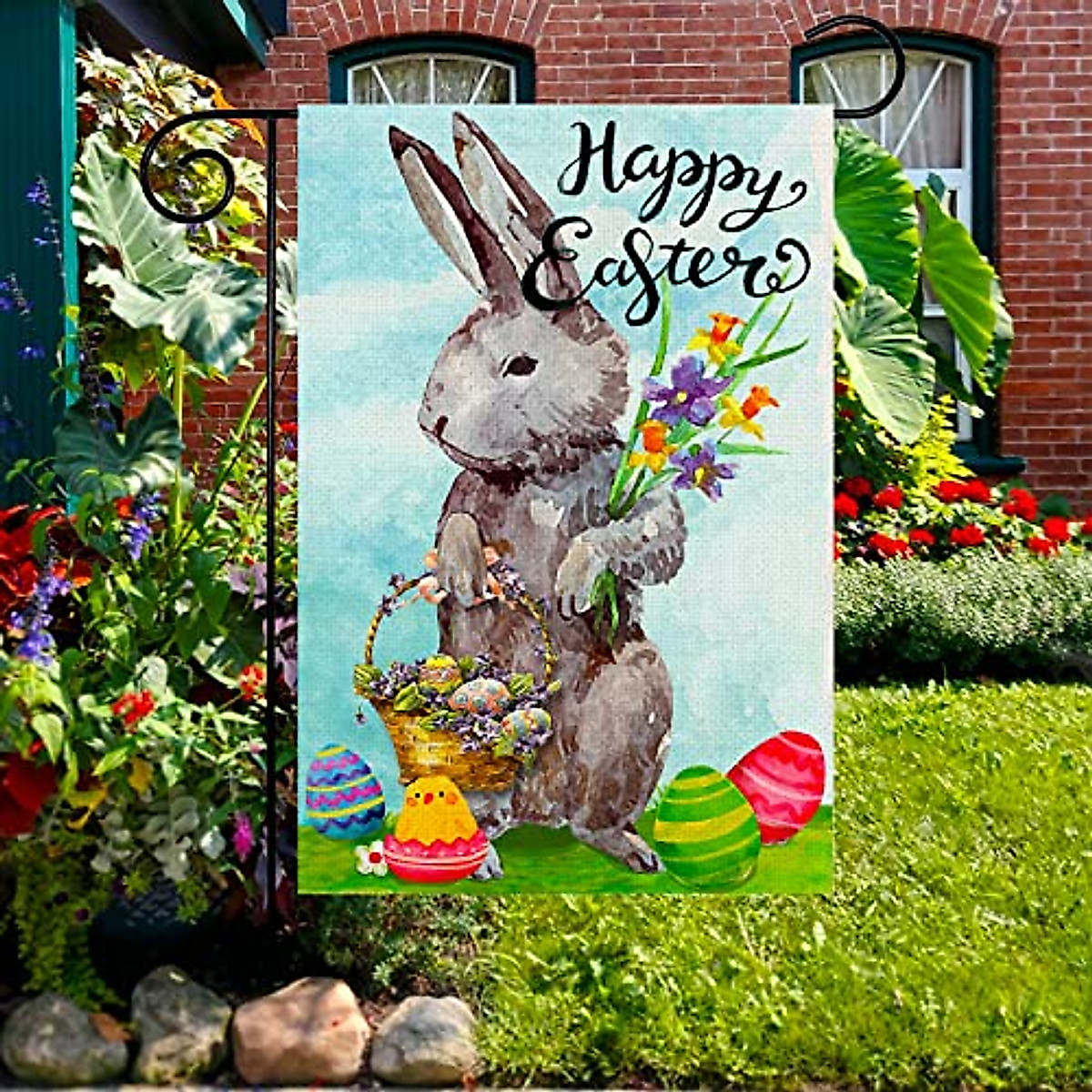 Easter Garden Flag Double Sided Burlap Decorative Happy Easter Bunny Flowers Holiday Easter Decor for Outside Yard Outdoor Farmhouse Easter Decorations (12x18 inch)