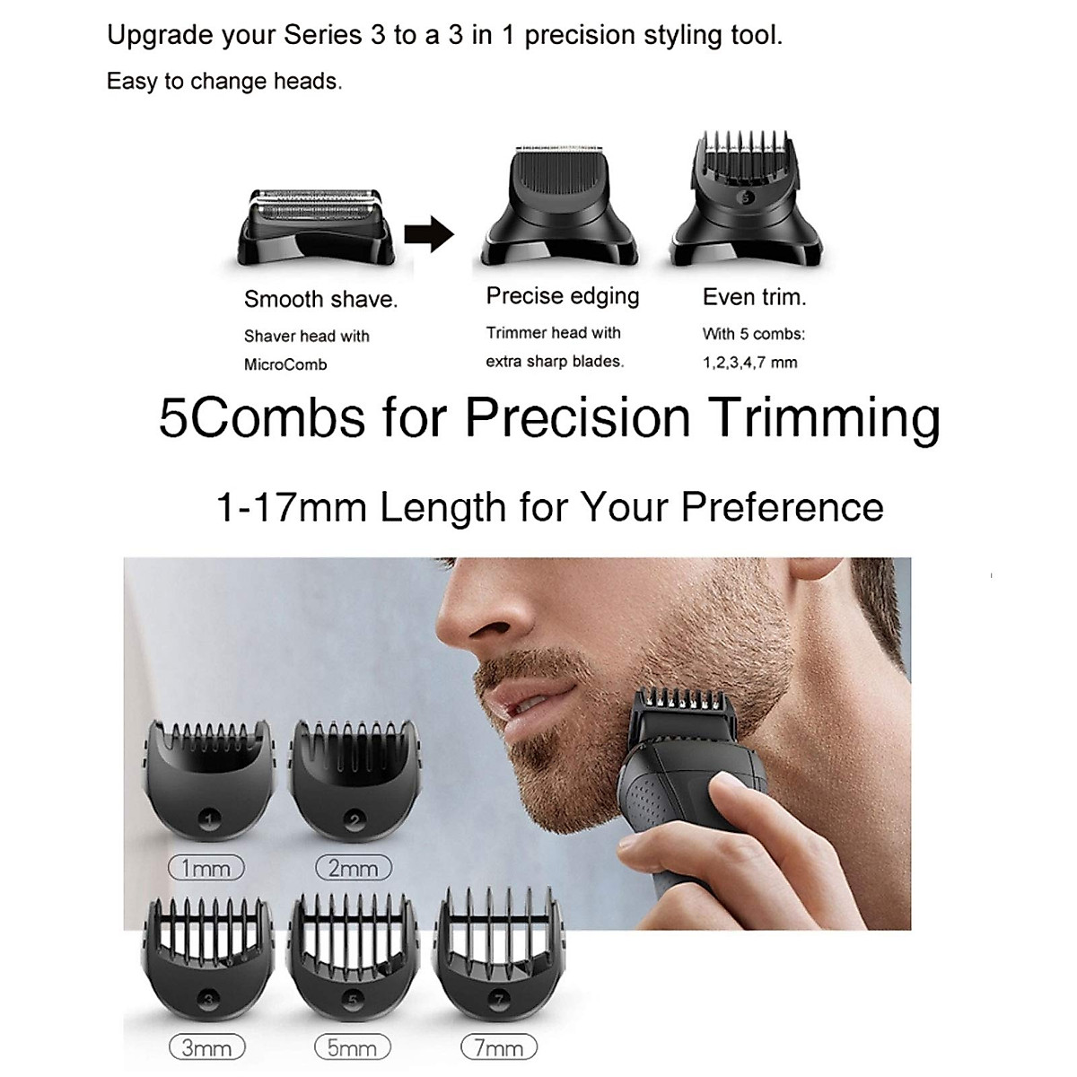 Electric Shaver Trimmer Head for Braun Series 3, Electric Razor Head with 5 x Comb 1/2/3/5/7mm, Replacement Shaver Head
