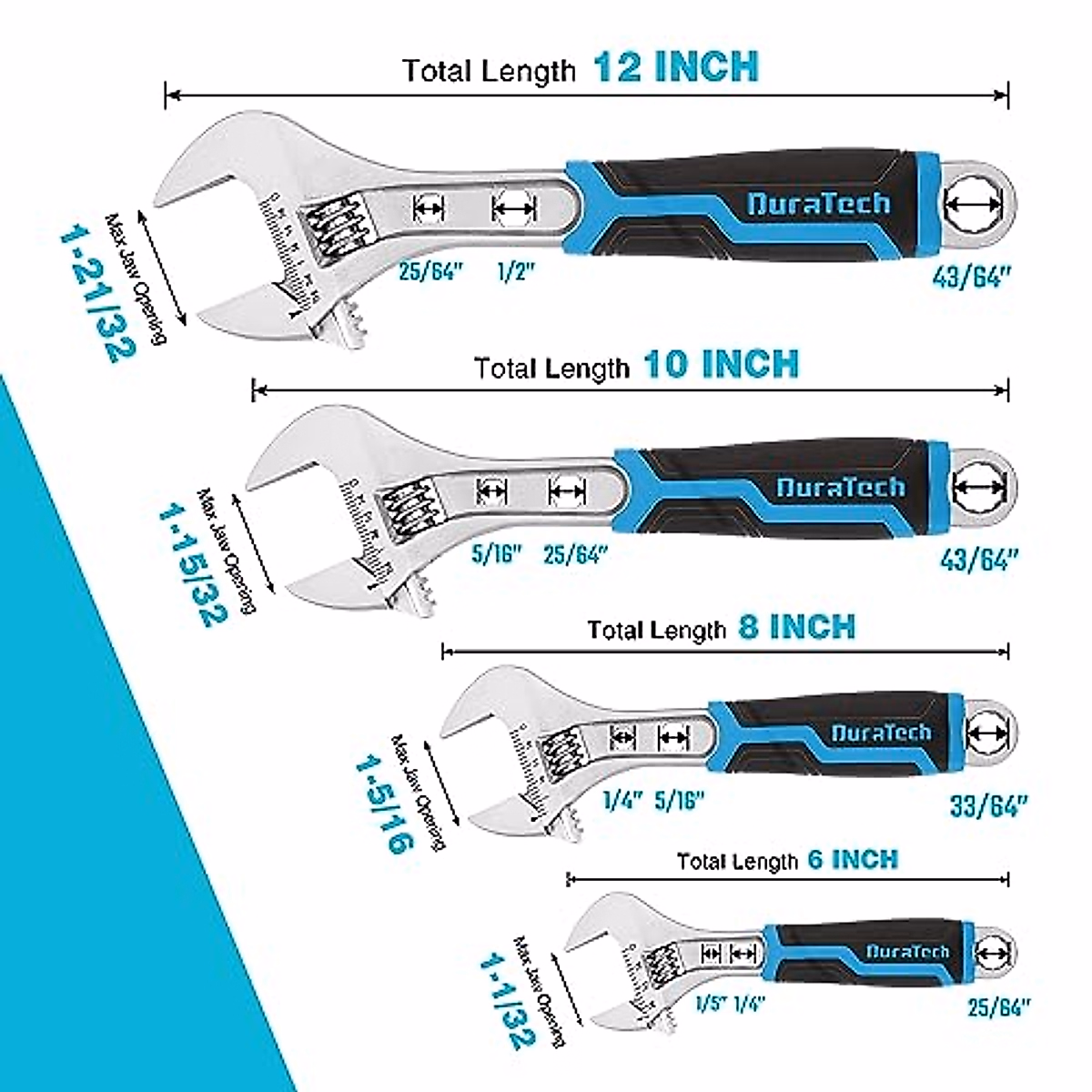 DURATECH 4-Piece Adjustable Wrench Set, 6-inch, 8-inch, 10-inch, 12-inch, 3-in-1 Spanner with Box End/Hex Function, CR-V Steel, Chrome-plated, Bi-material soft Grip, with Rolling Bag