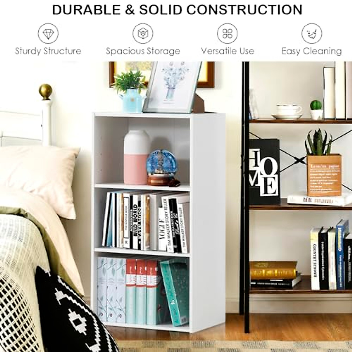 Giantex 2 Pieces 3 Shelf Bookcase Book Shelves Open Storage Cabinet Multi-Functional Home Office Bedroom Furniture Display Bookcases, White