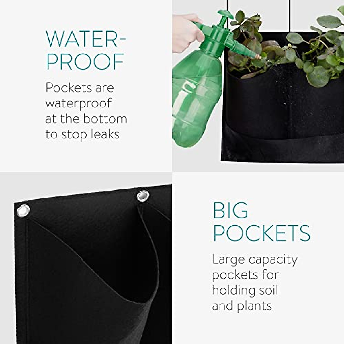Navaris Hanging Outdoor Planters - Pack of 4 Plant Hangers for Balcony Deck Patio Porch Railing Garden Plants Herbs Flowers - 3 Pocket Felt Planters