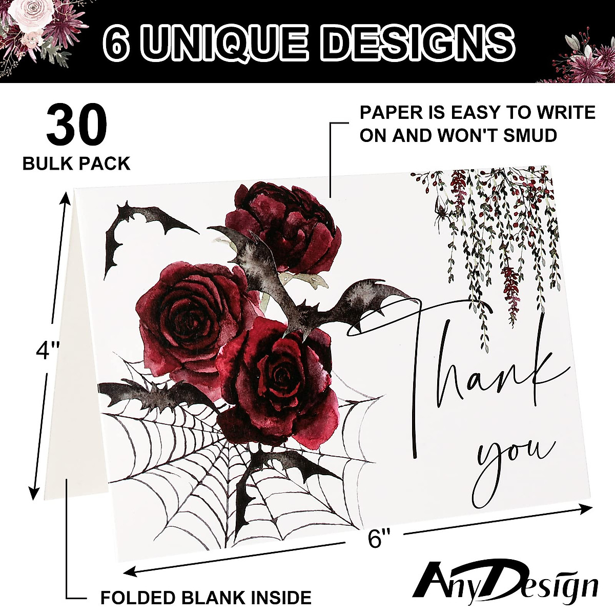 AnyDesign 30 Pack Floral Thank You Greeting Cards Watercolor Halloween Flower Bat Invitation Cards Spooky Thank You Blank Note Cards for Halloween Party Invitation Wedding Bridal Shower, 4 x 6 Inch