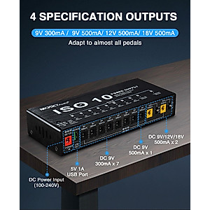 Mosky Guitar Pedal Power Supply 10 Isolated DC Output, 9V 12V 18V 300mA 500mA Effect Pedal Boards Power Supply with USB Port, Short Circuit Overcurrent Protection