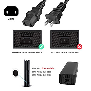 2 Prong AC Power Cord UL SVT 18AWG 10A Power Cable Replacement - for PS4 Pro, Xbox One/Xbox 360 Slim / 360 E Power Supply Brick (6Feet, Black)