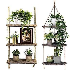 TIMEYARD Hanging Shelf Corner Wall Shelf, 3 Tier Distressed Wood Shelves with Jute Rope, Farmhouse Storage Organizer Rack Rustic Home Decor for Living Room Bedroom Bathroom Kitchen